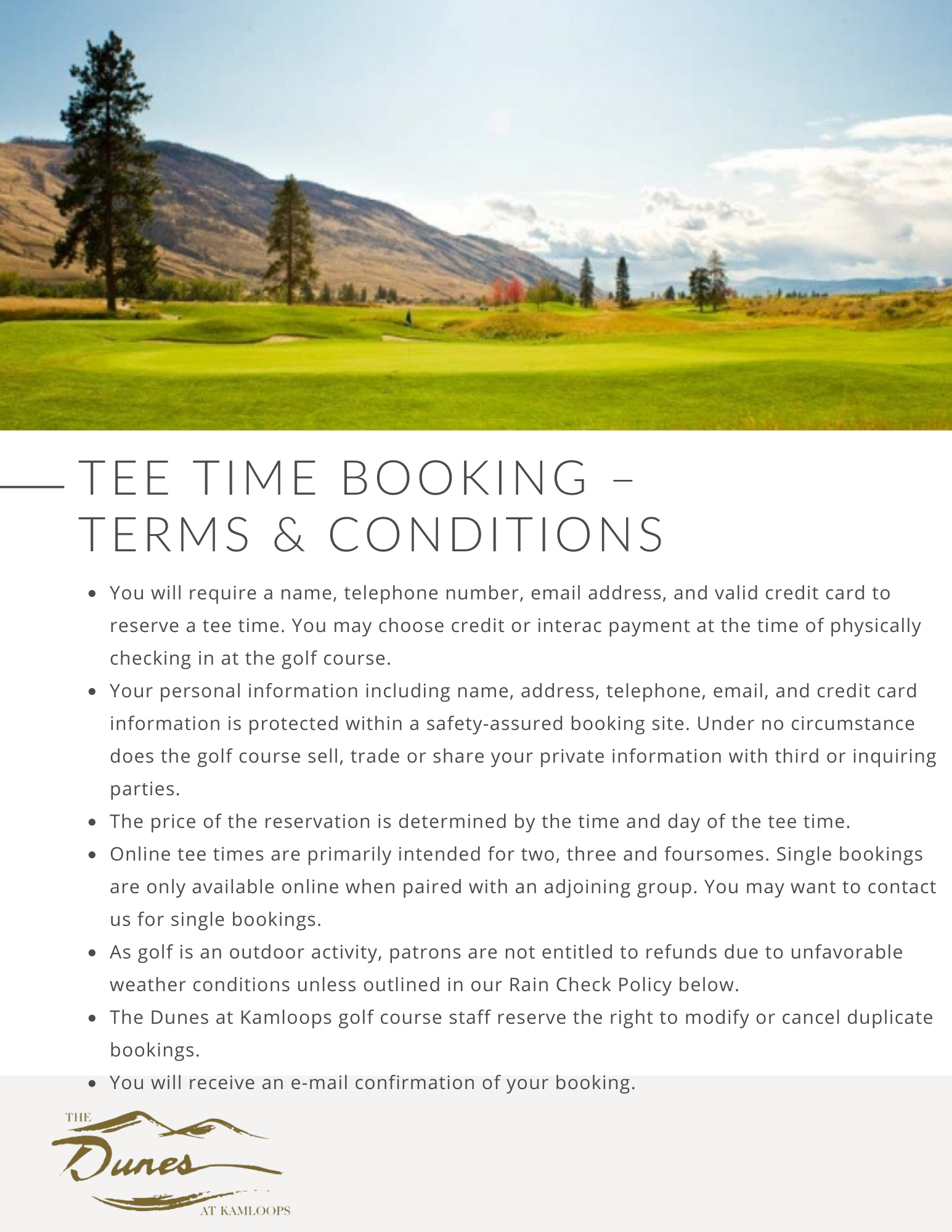 Tee Time Booking – Terms & Conditions - The Dunes at Kamloops